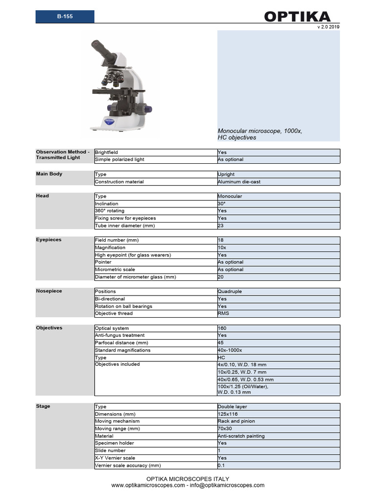 OPTIKA B-155 Technical Datasheet en | PDF | Optics | Light