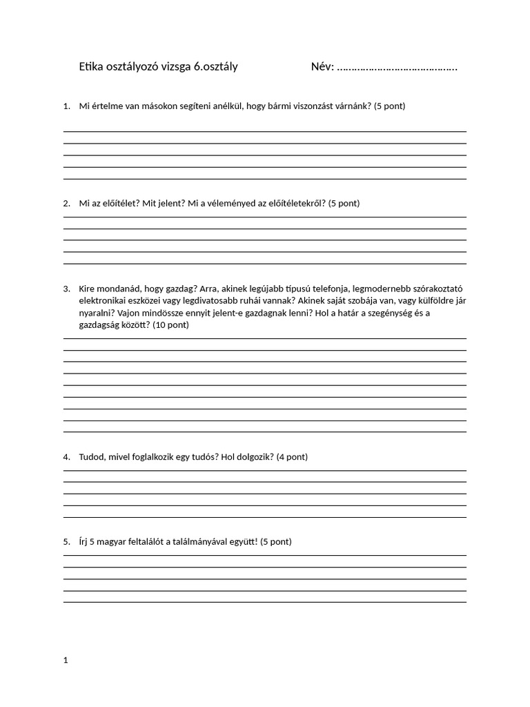 Etika Osztályozó Vizsga 6 2024 | PDF