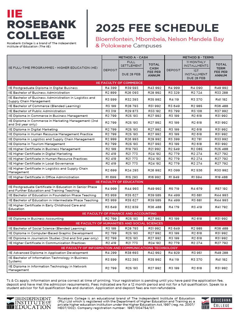 Rosebank College 2025 Fee Schedule | PDF | Payments | Cheque