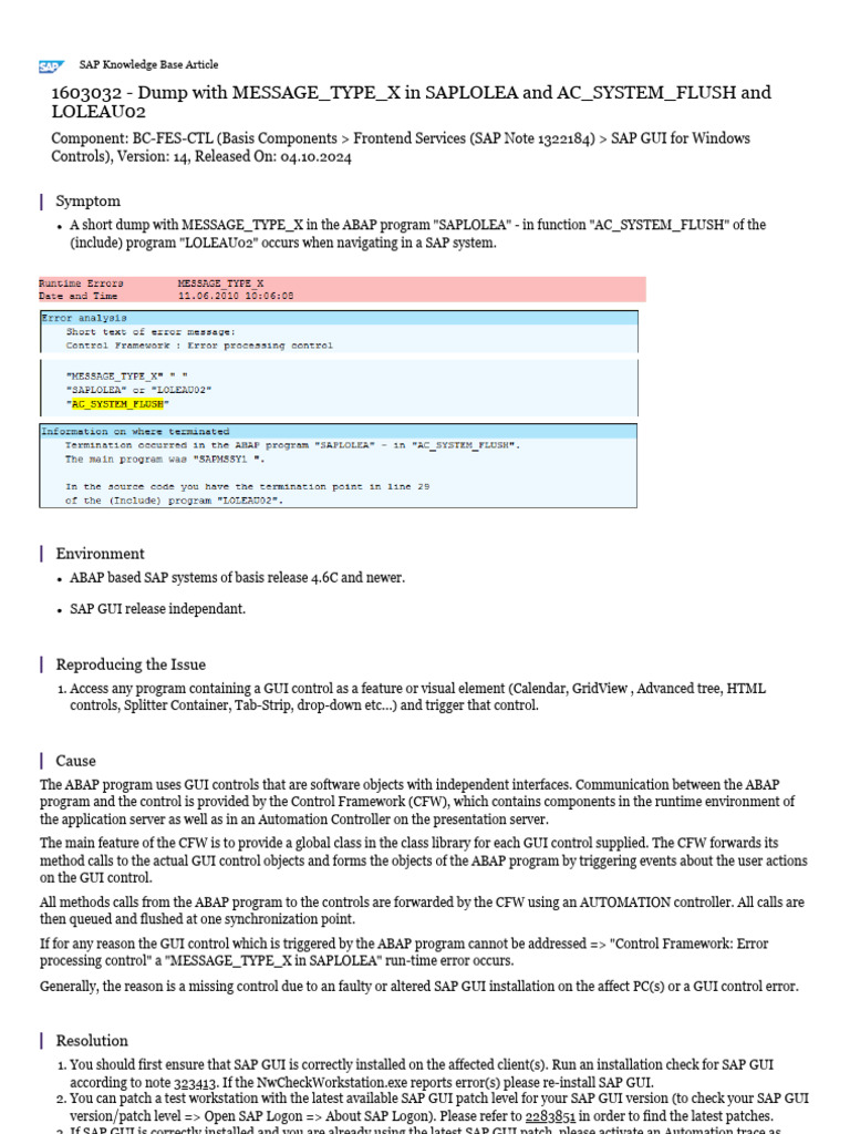 Dump With MESSAGE - TYPE - X in SAPLOLEA and AC - SYSTEM - FLUSH and ...