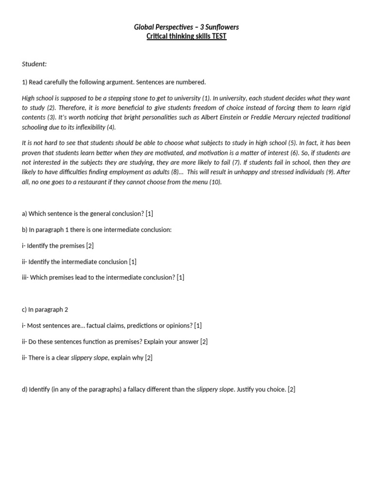 Critical Thinking Skills Test GP 3 Sunflowers | PDF | Argument ...