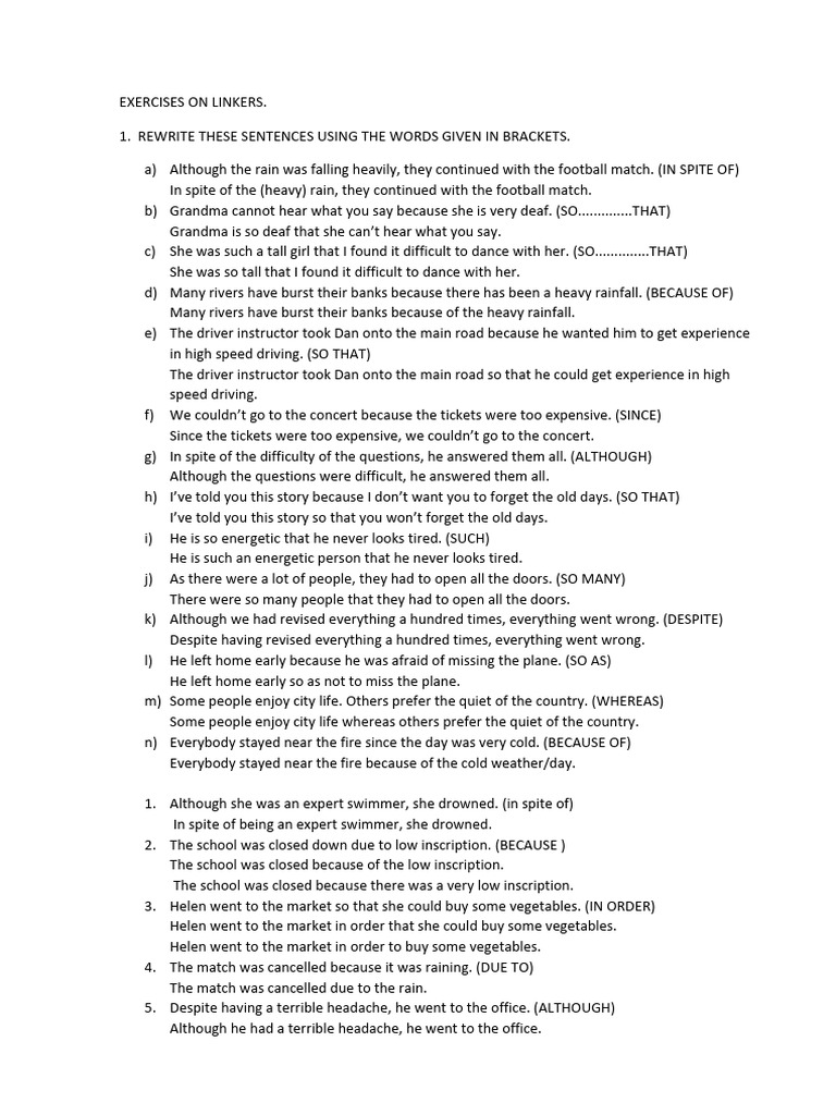 Linkers Exercises and Sentence Rewrites | PDF