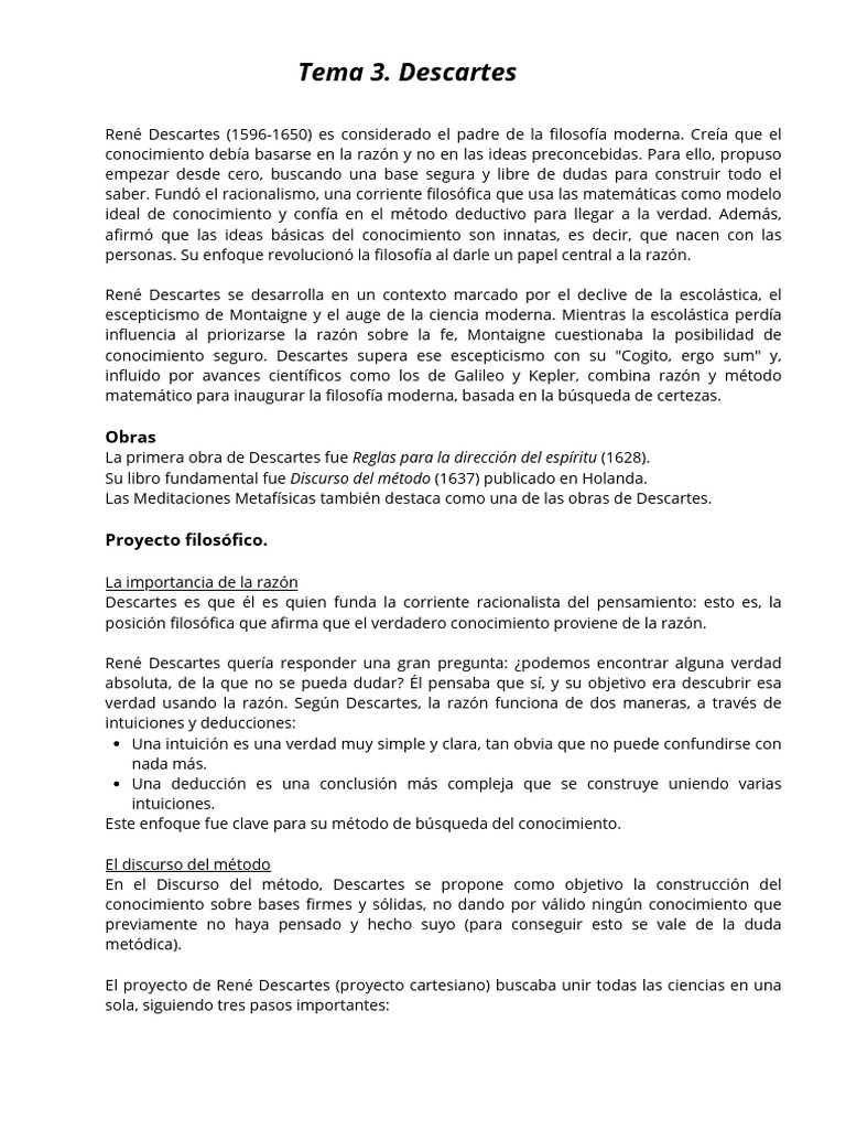 Filosofía de Descartes: Racionalismo y Método | PDF | René Descartes ...