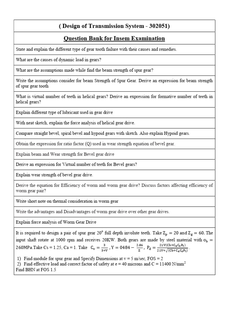 Question Bank For DTS Insem Examination | PDF | Gear | Applied And ...