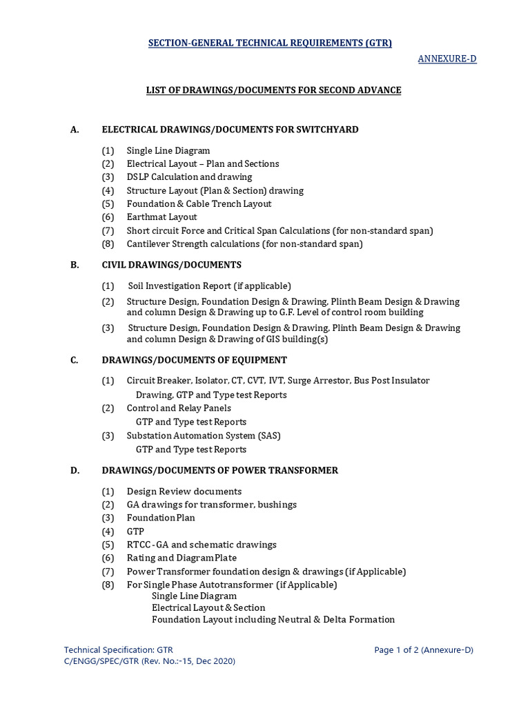 List of Drawings/Documents For Second Advance: Section-General Technical Requirements (GTR ...