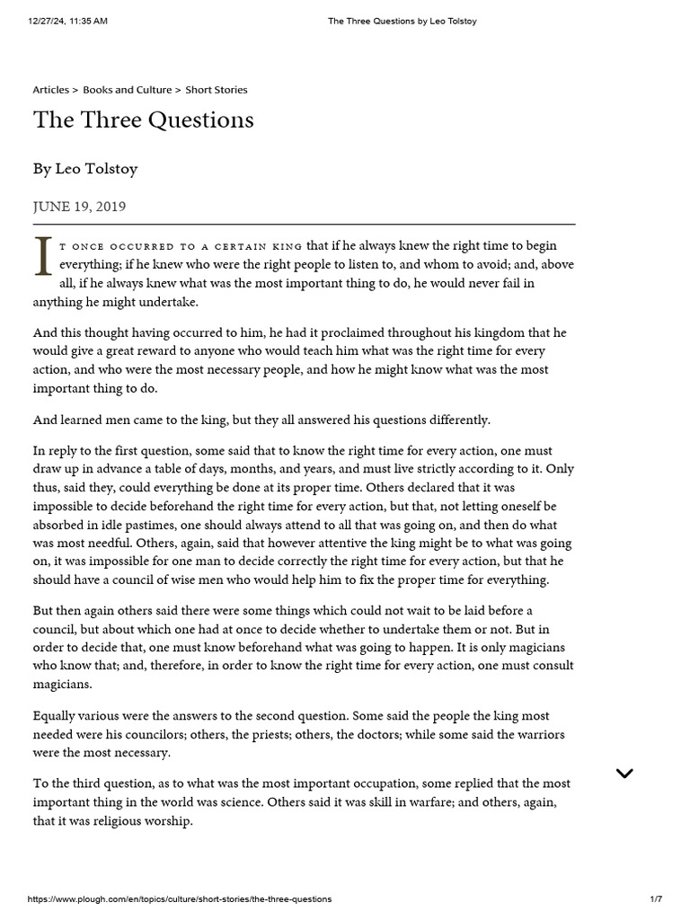 The Three Questions by Leo Tolstoy | PDF