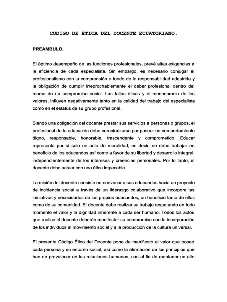 PDF Codigo de Etica Del Docente Ecuatorianodocx - Compress | PDF | Maestros | Institución