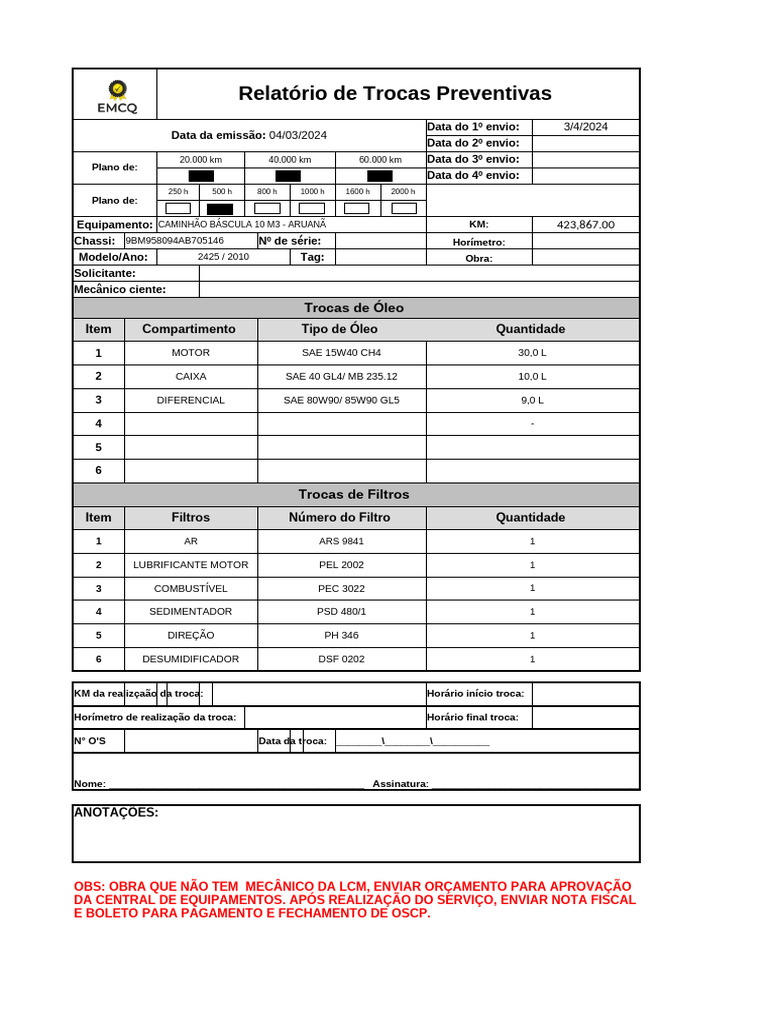 Relatório de Troca Preventiva | PDF