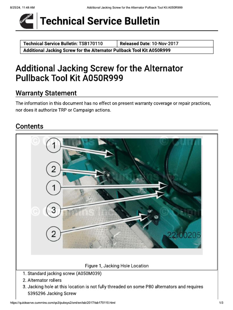 Additional Jacking Screw for the Alternator Pullback Tool Kit A050R999 ...