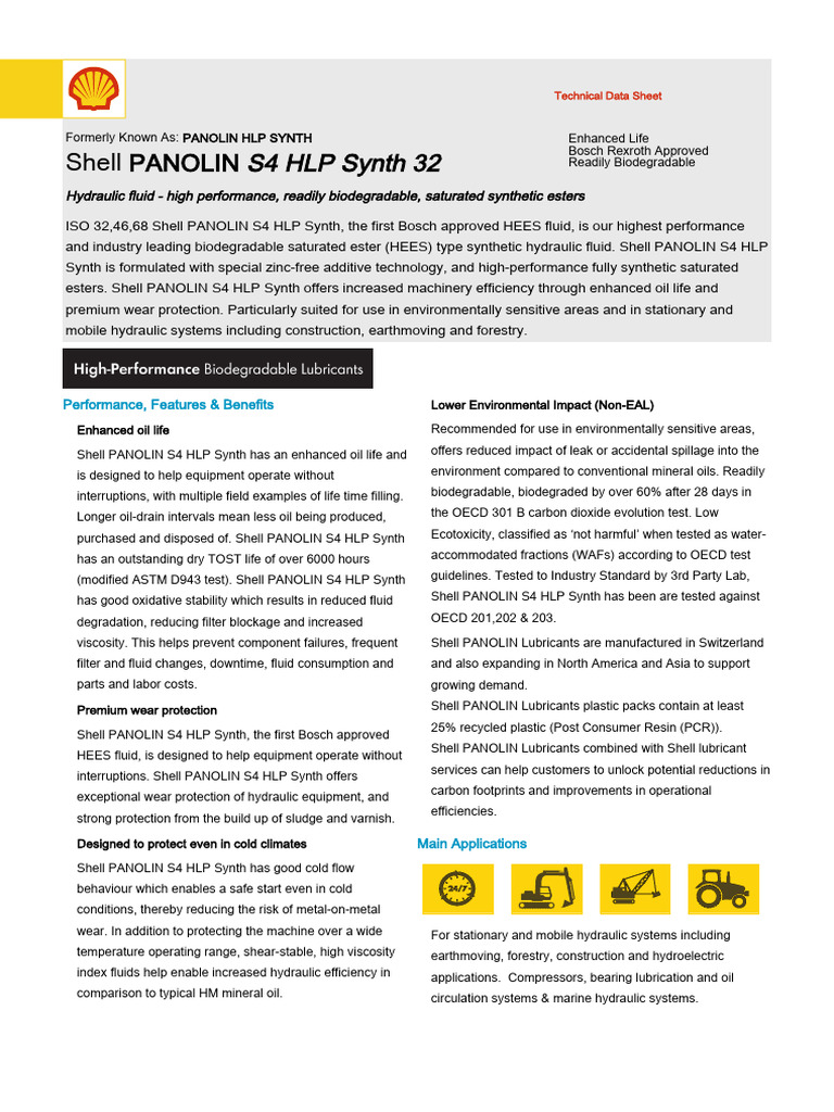 Shell PANOLIN S4 HLP Synth 32 Overview | PDF | Lubricant | Biodegradation