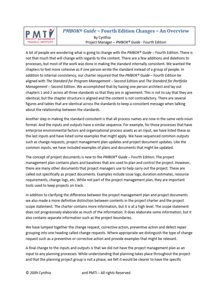 OverviewChapterchangesPMTI PMBOK4 Cynthia (Snyder) Stackpole | PDF ...