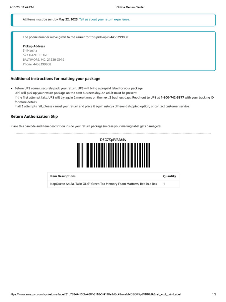 Amazon Return Instructions for Mattress | PDF