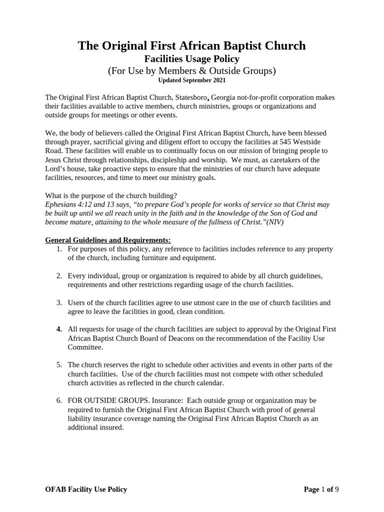 Church Facility Use Policy - Updated9 - 21 | PDF | Centers For Disease Control And Prevention | Fee