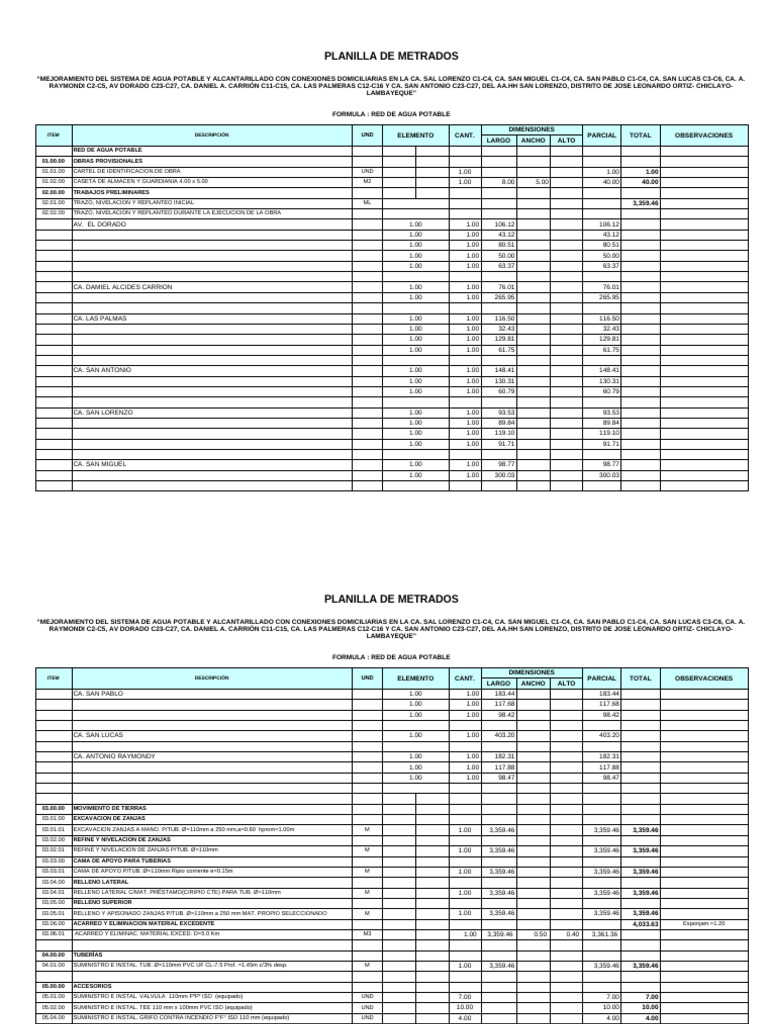 Planilla de Metrados Agua Potable | PDF | Materiales de construcción | Ingeniería Química