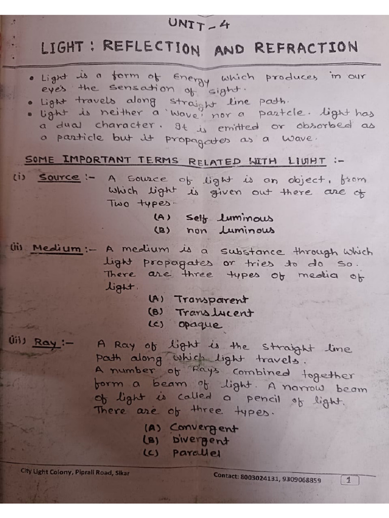 Science Ch Light Notes | PDF