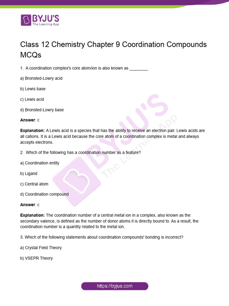 Class 12 Chemistry: Coordination Compounds MCQs | PDF | Coordination ...
