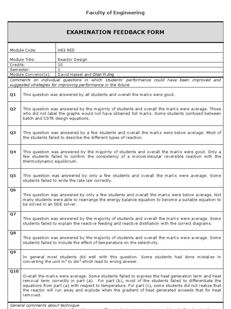 H83RED Exam Feedback Form 2011-2012 | PDF | Heat | Mechanics