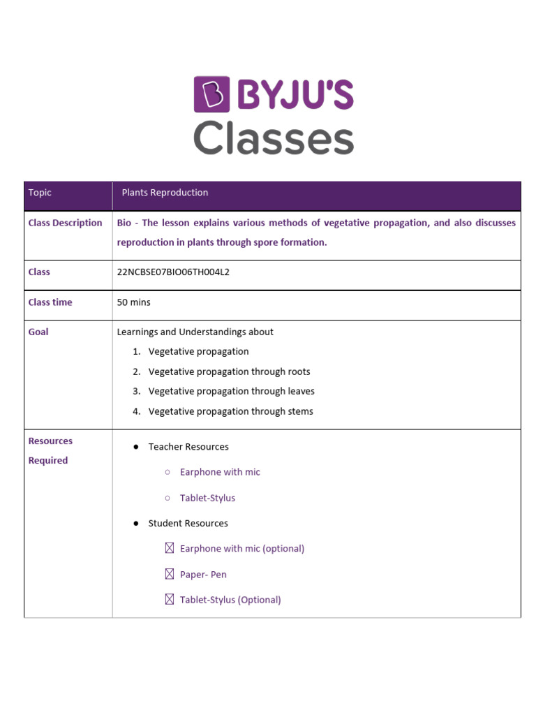 CBSE - G5 - Plant Reproduction - Th02 - TD | PDF | Reproduction | Plants