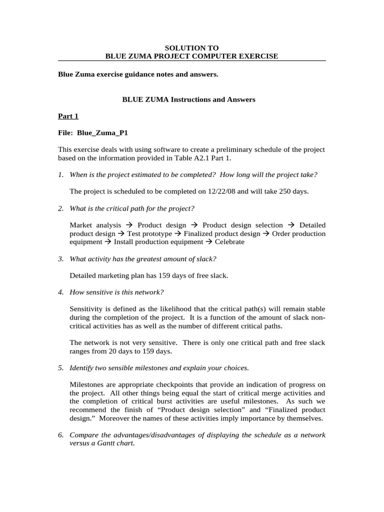 Solution To The Blue Zuma Exercise With Guidance Comments | PDF