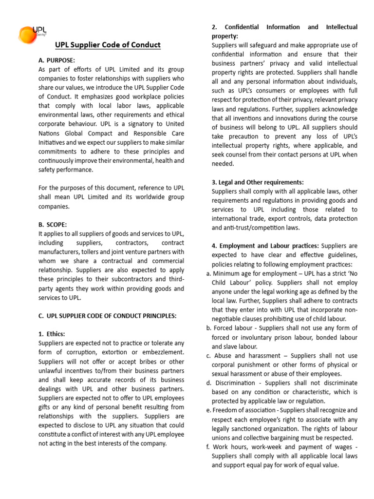 UPL_Supplier_Code_of_Conduct | PDF | Sustainability | Supply Chain
