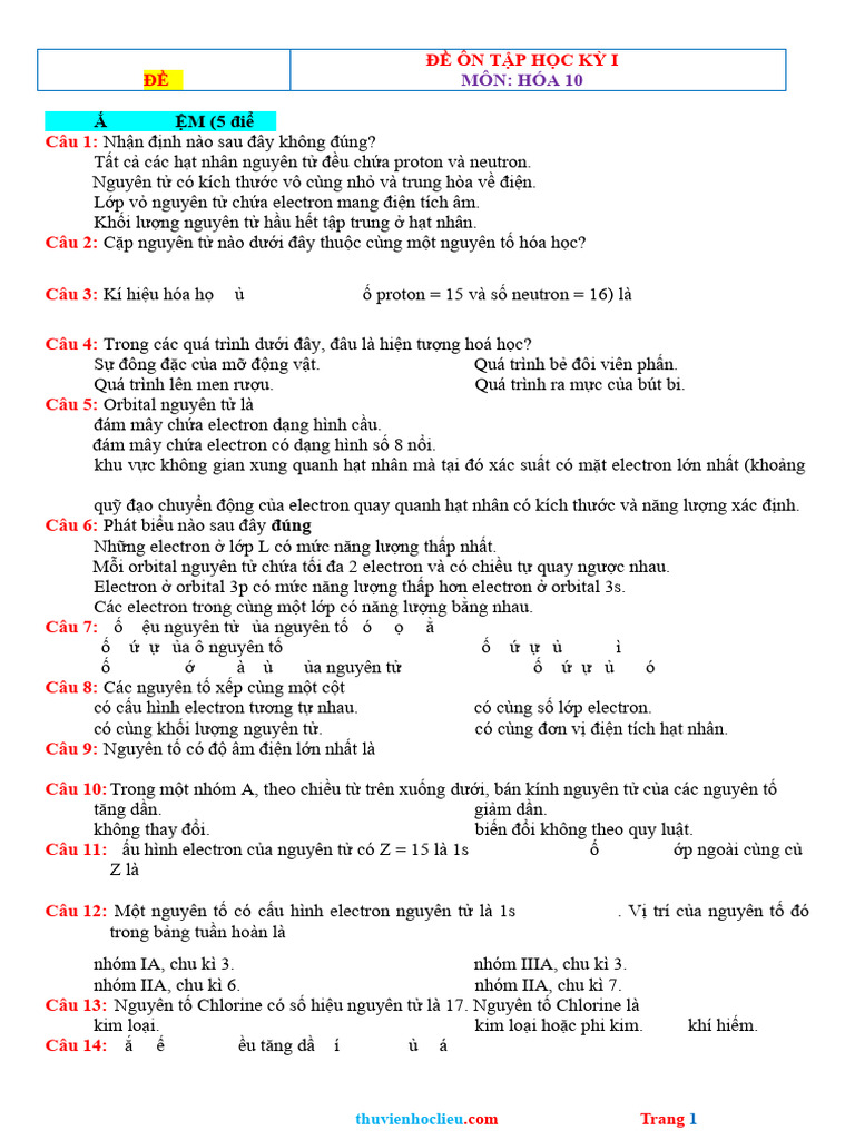 10 de Kiem Tra HK1 Hoa 10 | PDF