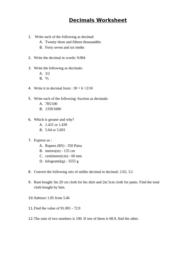 Class 6 Decimal Worksheet Activities | PDF