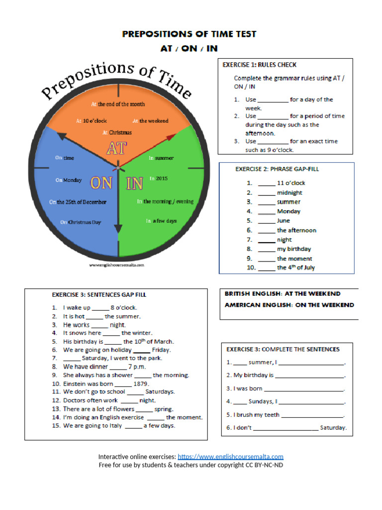 At On in Prepositions of Time Grammar Drills Grammar Guides Tests ...