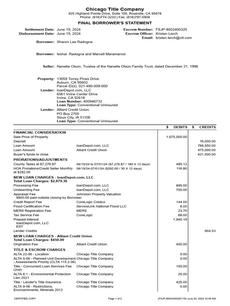 Final Borrower's Statement - Chicago Title | PDF | Title Insurance | Loans