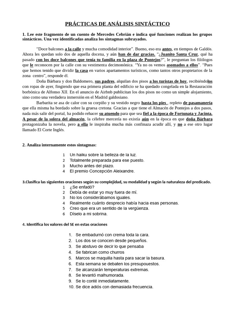 Prácticas de Análisis Sintáctico (Oración Simple) | PDF