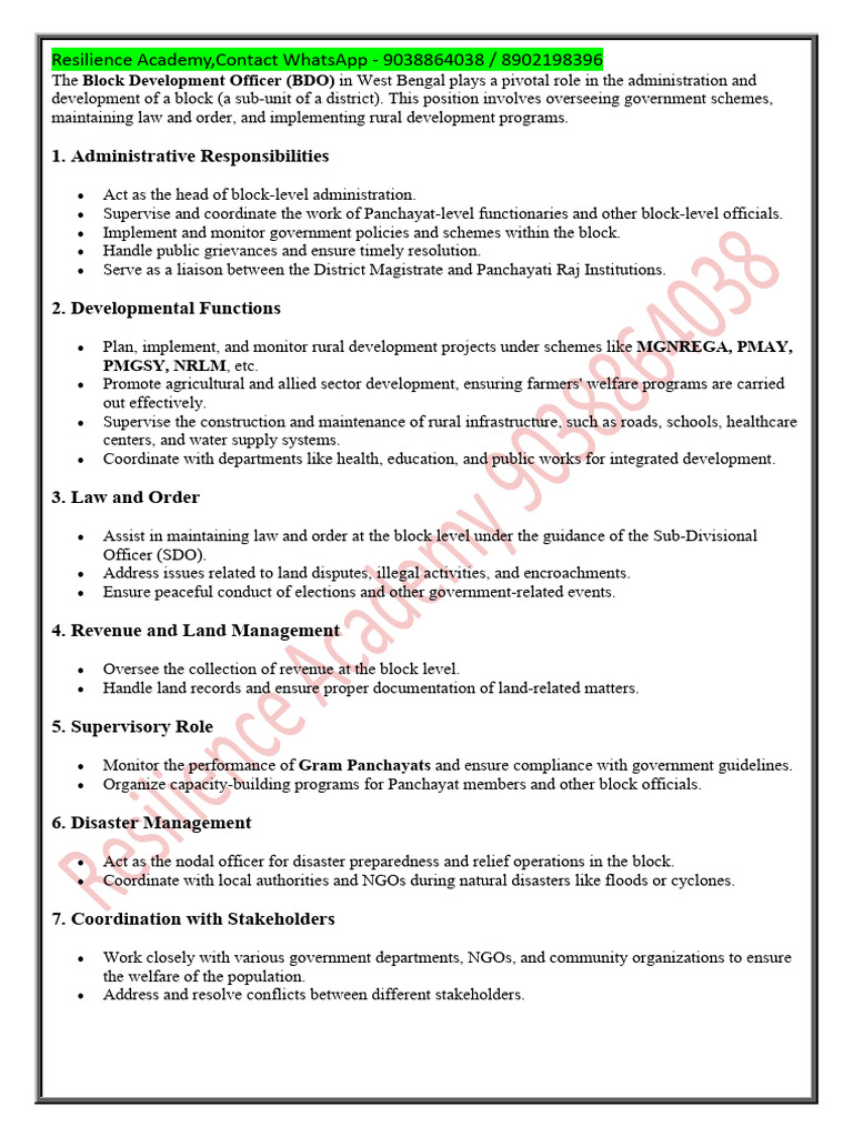 Role and Responsibilities of BDO in WB | PDF