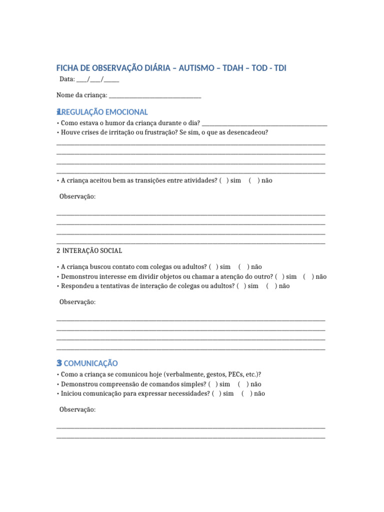 Ficha de Observação Diária: Autismo e TDAH | PDF | Autismo