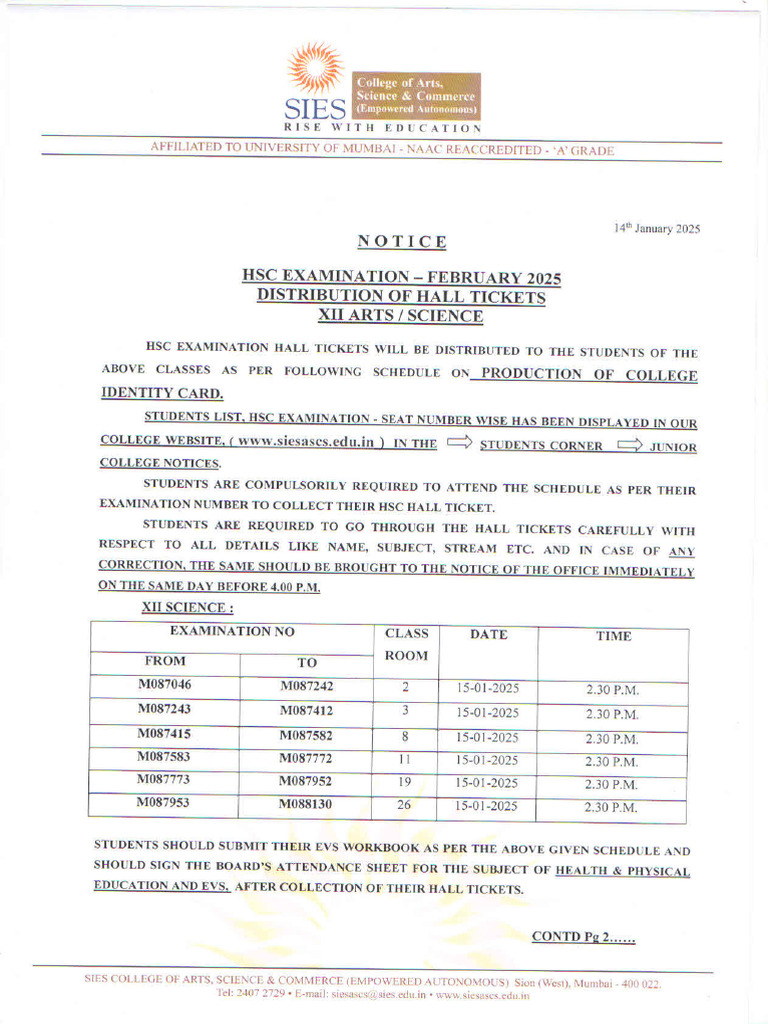 Schedule For HSC Hall Tickets Distribution - February 2025 | PDF