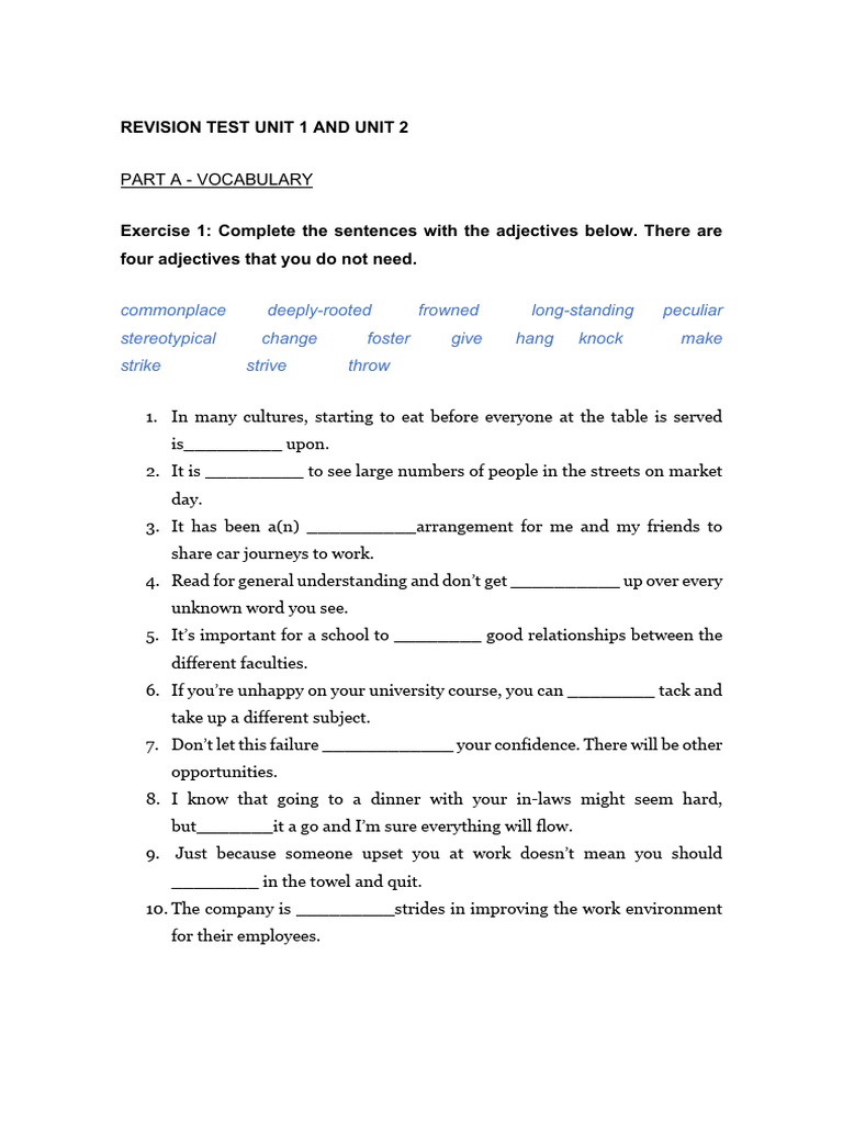 Revision Test Unit 1 and Unit 2 | PDF | Linguistics | Grammar