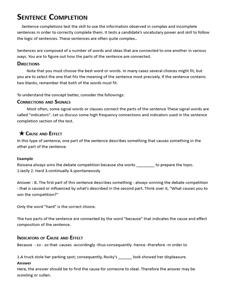 Sentences Completion Worksheet | PDF | Sentence (Linguistics) | Grammar