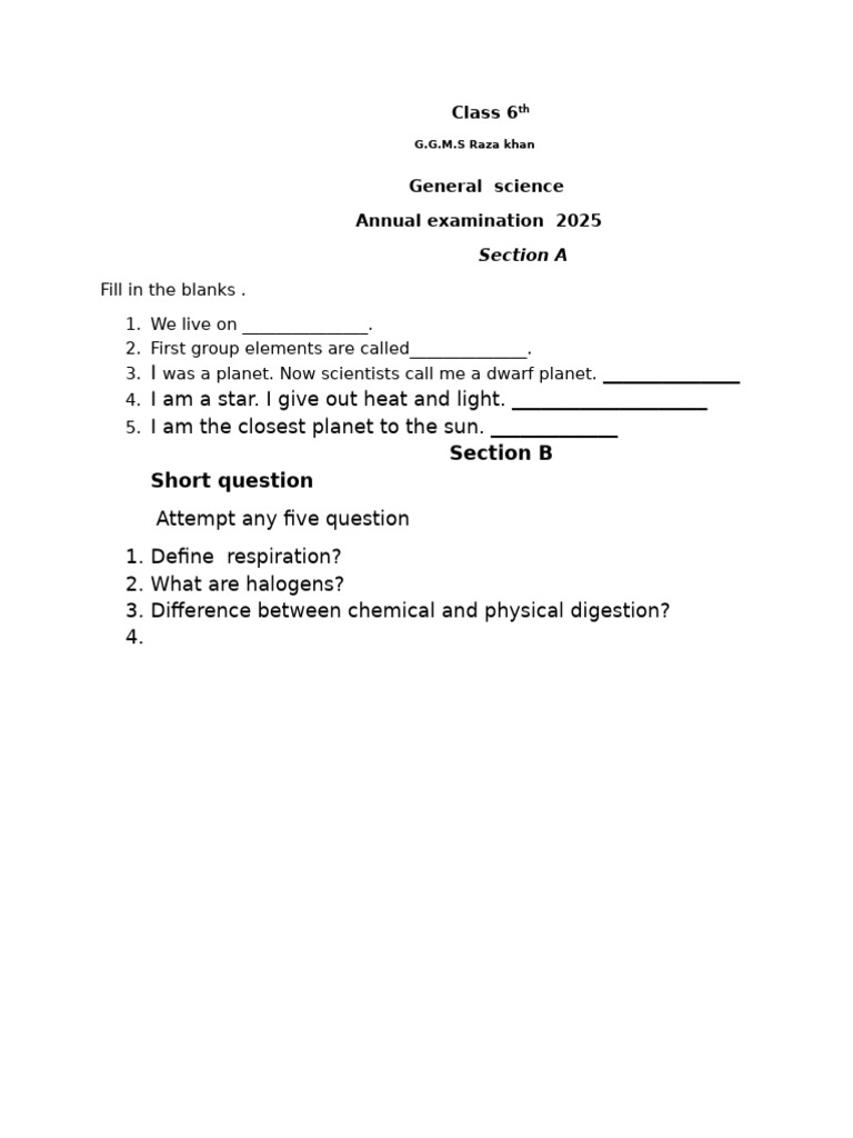 Class 6 General Science Exam 2025 | PDF