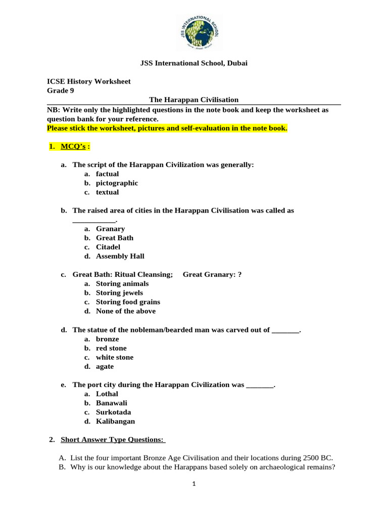 Harappan Civilisation Worksheet 2024 | PDF | Archaeology