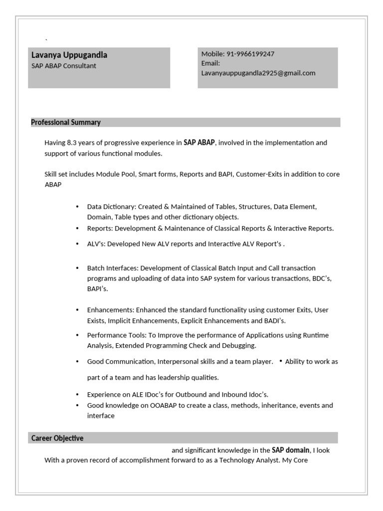 Lavanya U ABAP 8.3 Years | PDF | Computing | Software Engineering