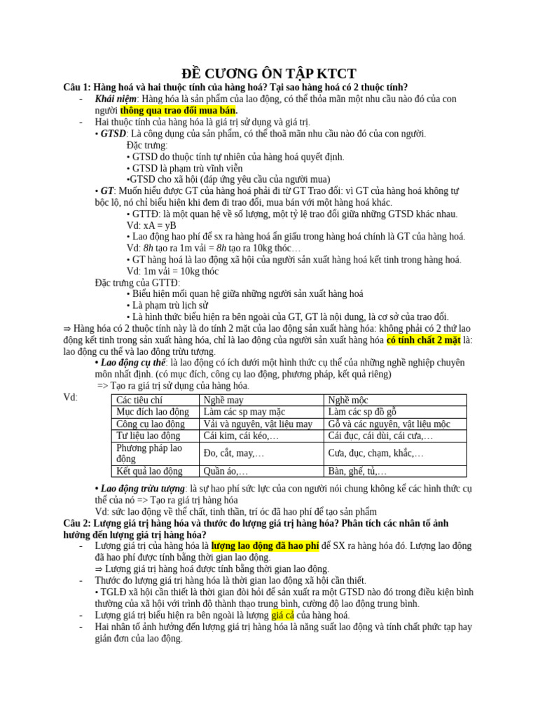 ĐỀ CƯƠNG ÔN TẬP KTCT | PDF