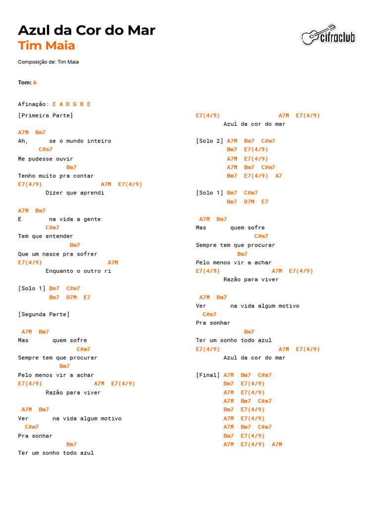 Cifra Club - Tim Maia - Azul Da Cor Do Mar | PDF