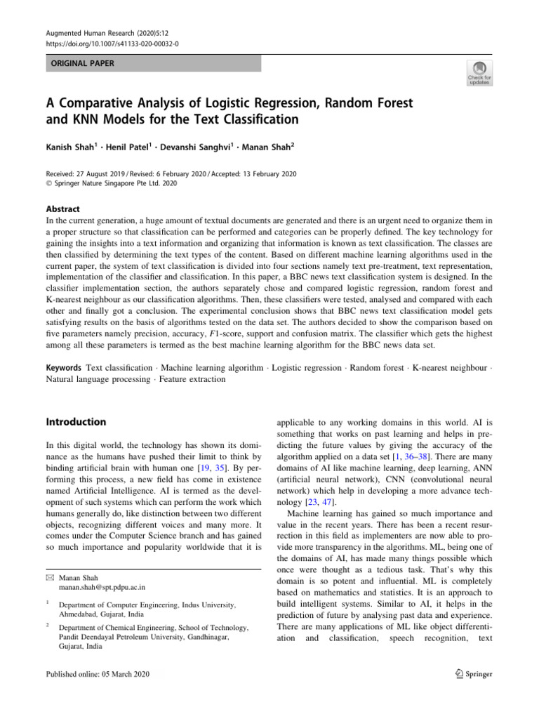 A Comparative Analysis of Logistic Regression, Random Forest and KNN Models For The Text ...