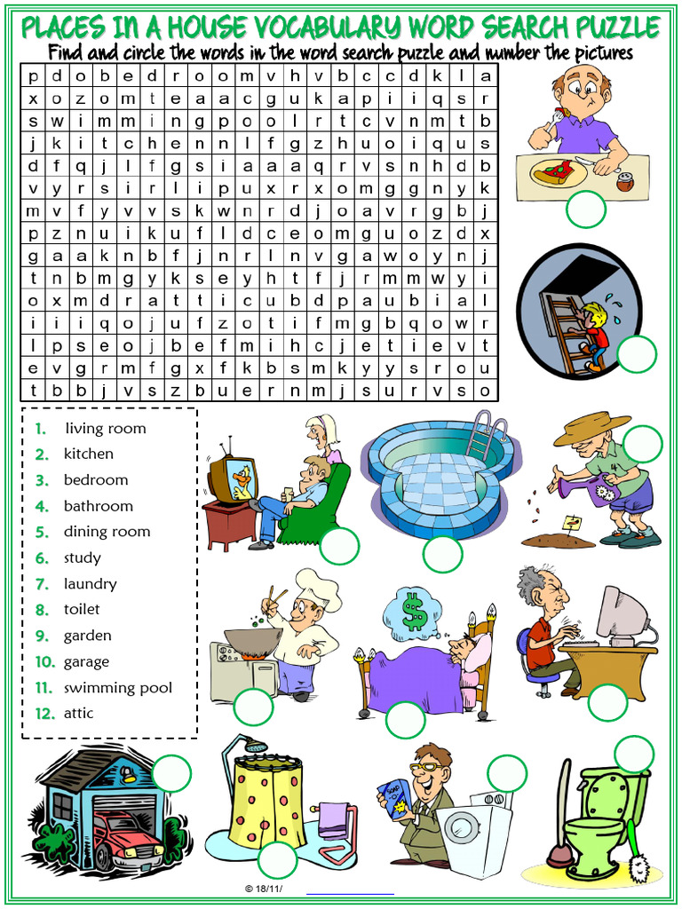 Places in A House Vocabulary Esl Word Search Puzzle Worksheet For Kids ...
