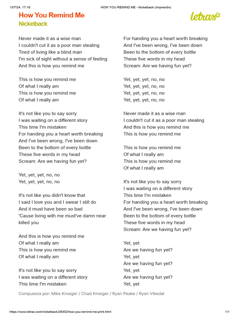 HOW YOU REMIND ME - Nickelback (Impresión) | PDF | Singles | Sound ...