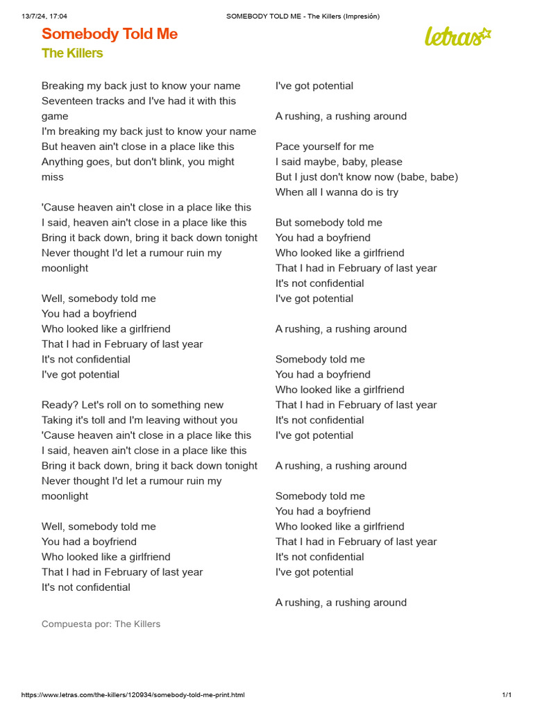 Somebody Told Me - The Killers Lyrics | PDF
