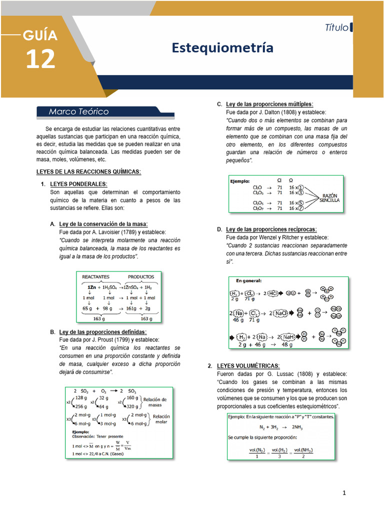 Leyes de Reacciones Químicas y Estequiometría | PDF | Estequiometría ...