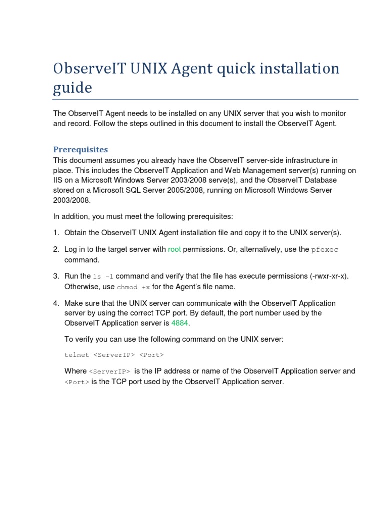 Observeit Unix Agent Quick Installation Guide Prerequisites Pdf Port Computer Networking