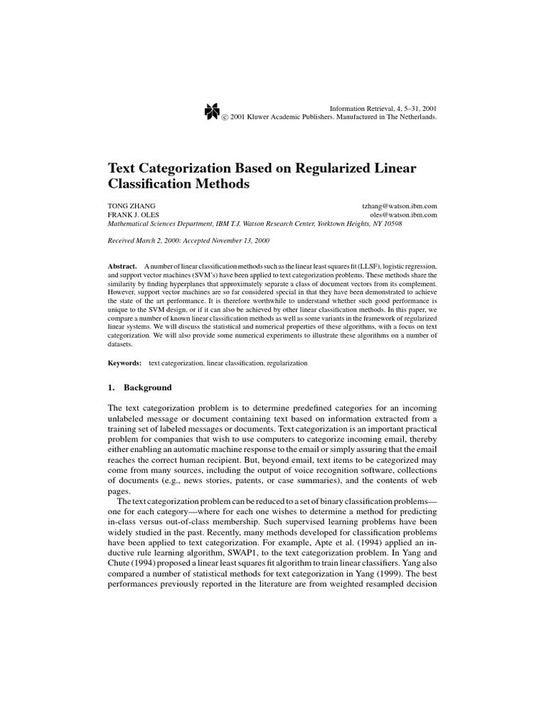 Text Categorization Based On Regularized Linear Classification Methods