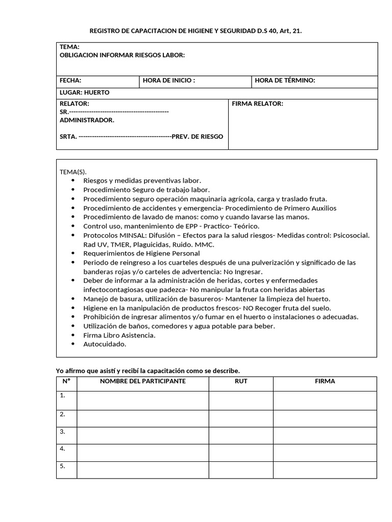 Registro de Capacitacion Inicio Labor. | PDF