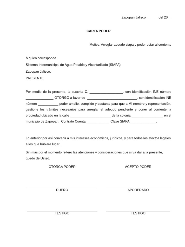 Ejemplo Carta Poder SIAPA | PDF