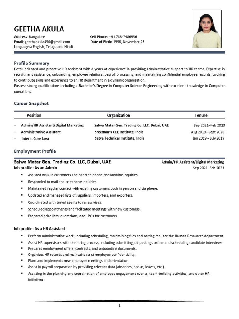 HR Assistant Resume of Geetha Akula | PDF | Social Media | Popular ...