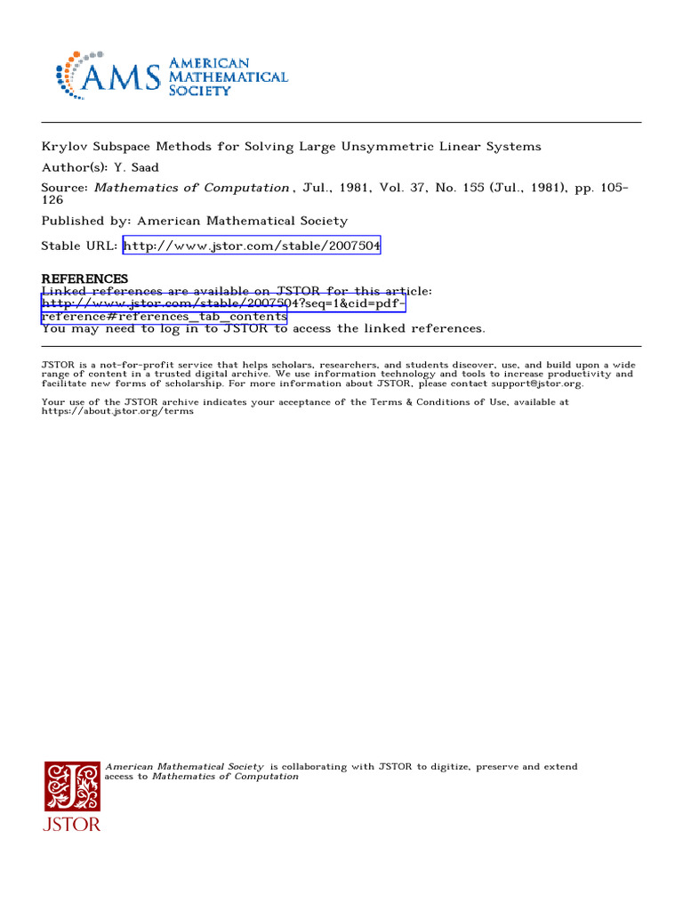 Saad Krylov Subspace Methods for Solving Large Unsymmetric Linear Systems | PDF | Mathematical ...
